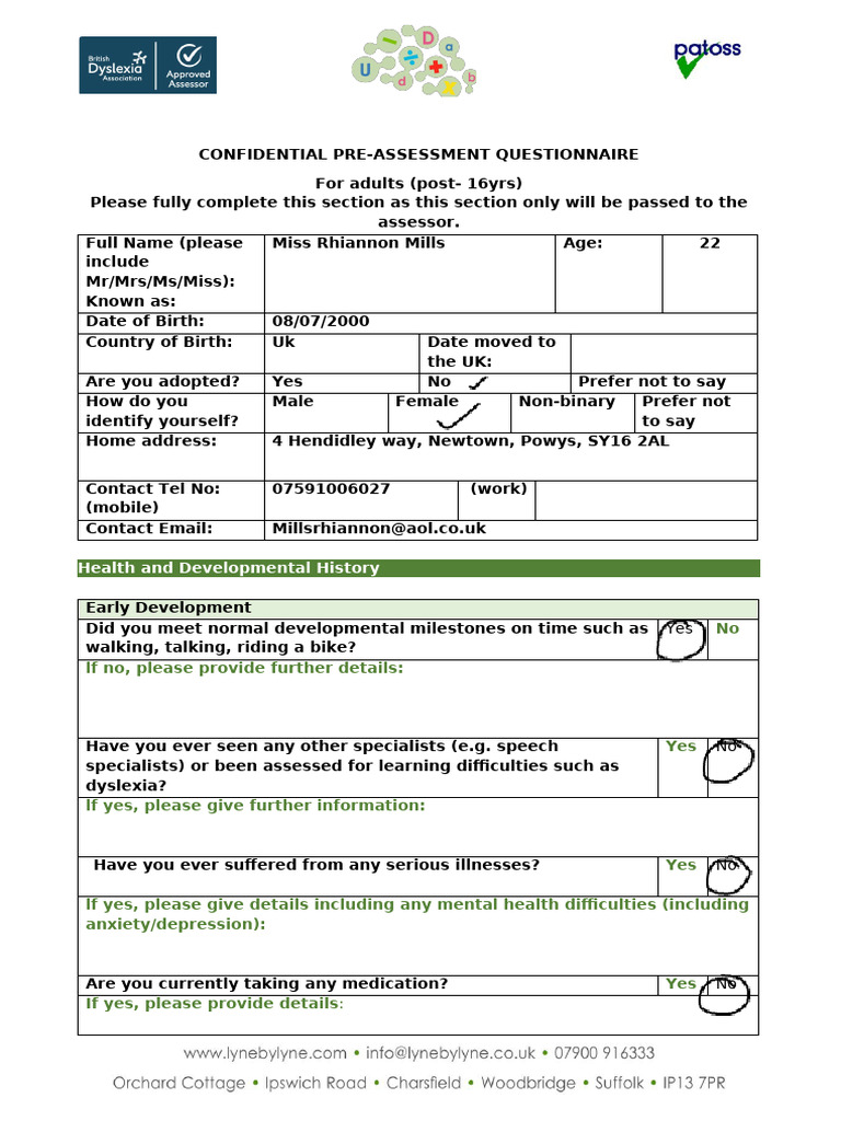 Adult Questionnaire | PDF | Glasses | Learning Disability