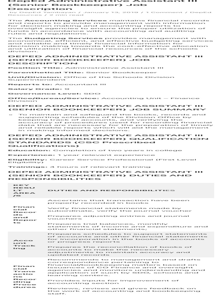 DepEd Administrative Assistant III (Senior Bookkeeper) Job Description ...