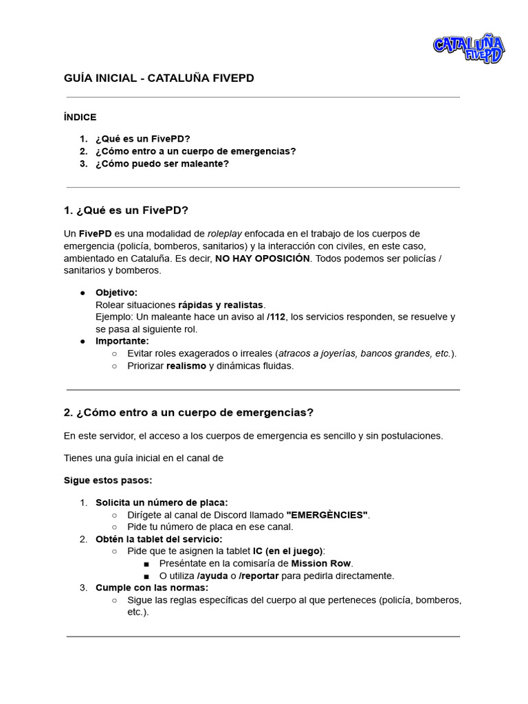 Guía de Roleplay en Cataluña FivePD | PDF