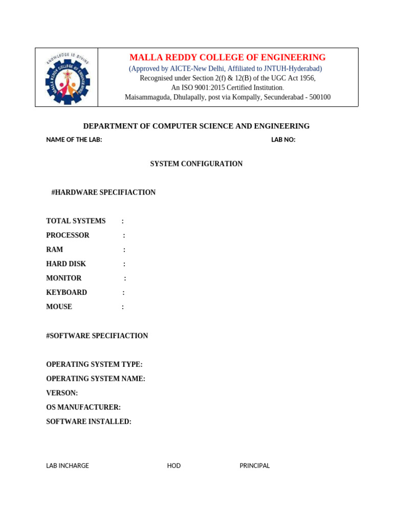 Malla Reddy College Computer Lab Specs | PDF