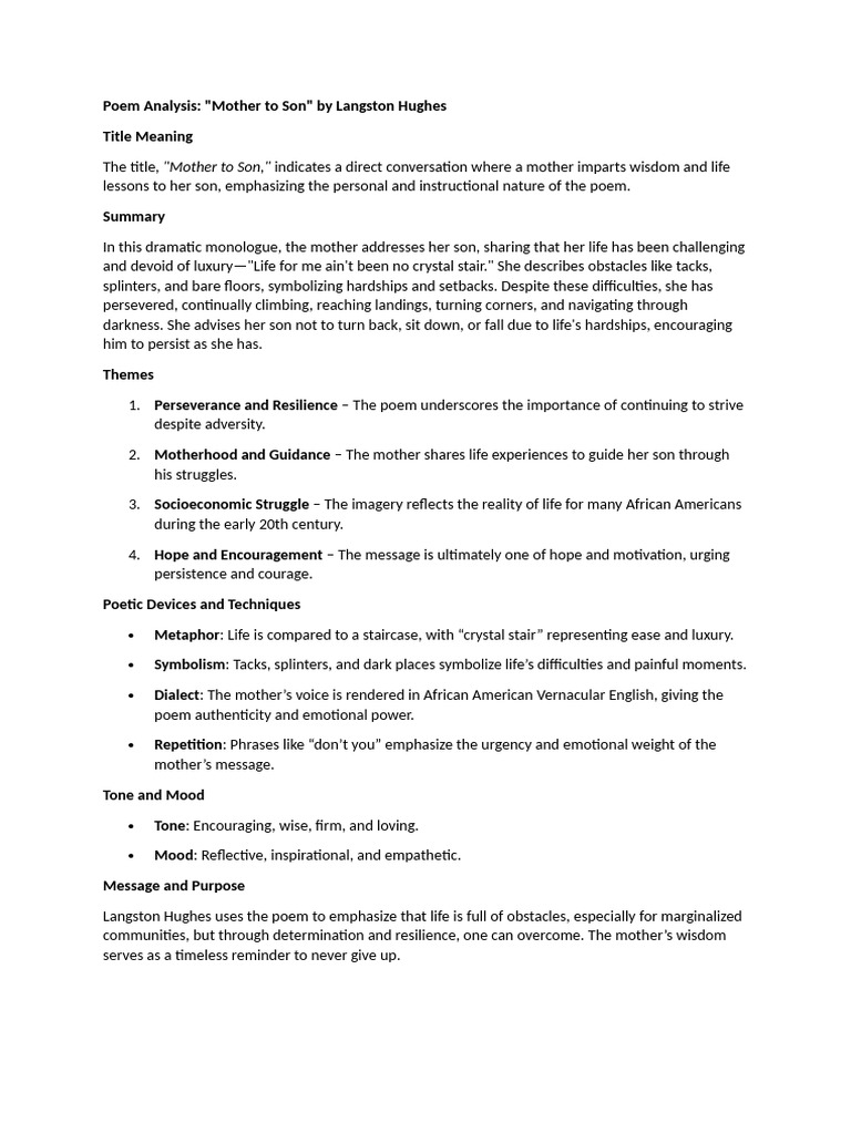Analysis of "Mother to Son" Poem | PDF