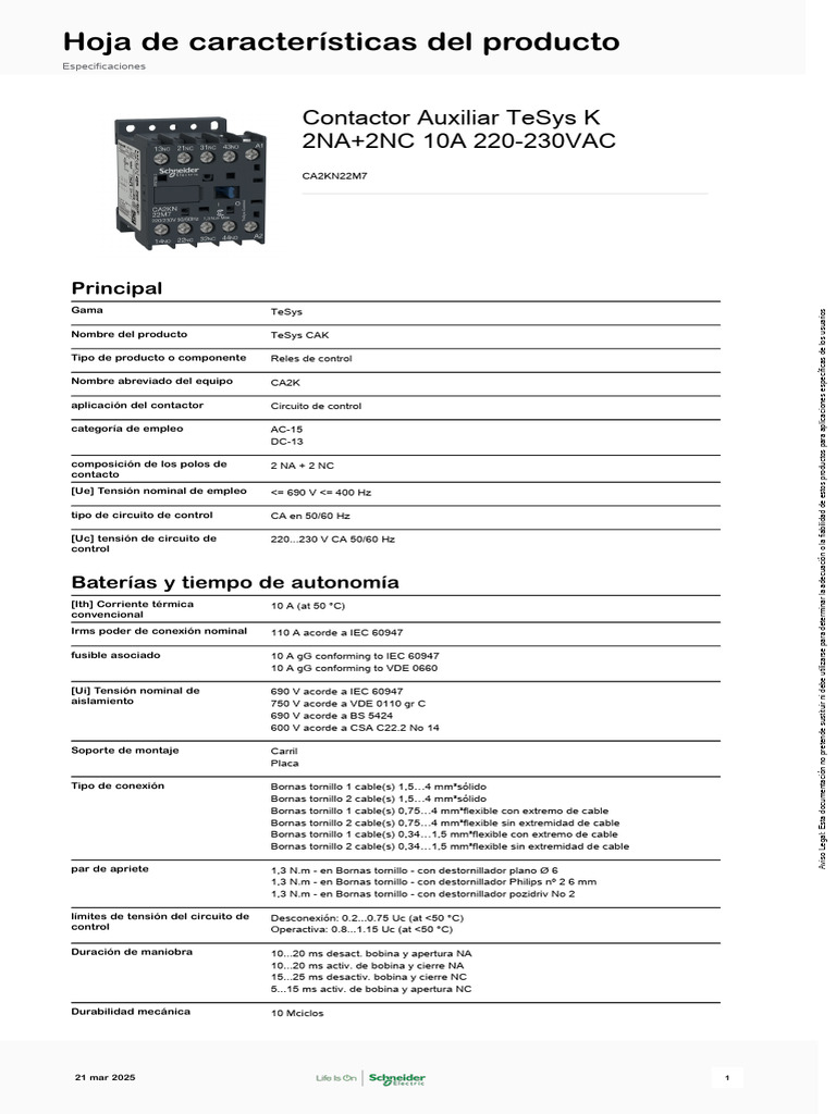Schneider Electric TeSys K D SK Contactores Auxiliares CA2KN22M7 | PDF ...
