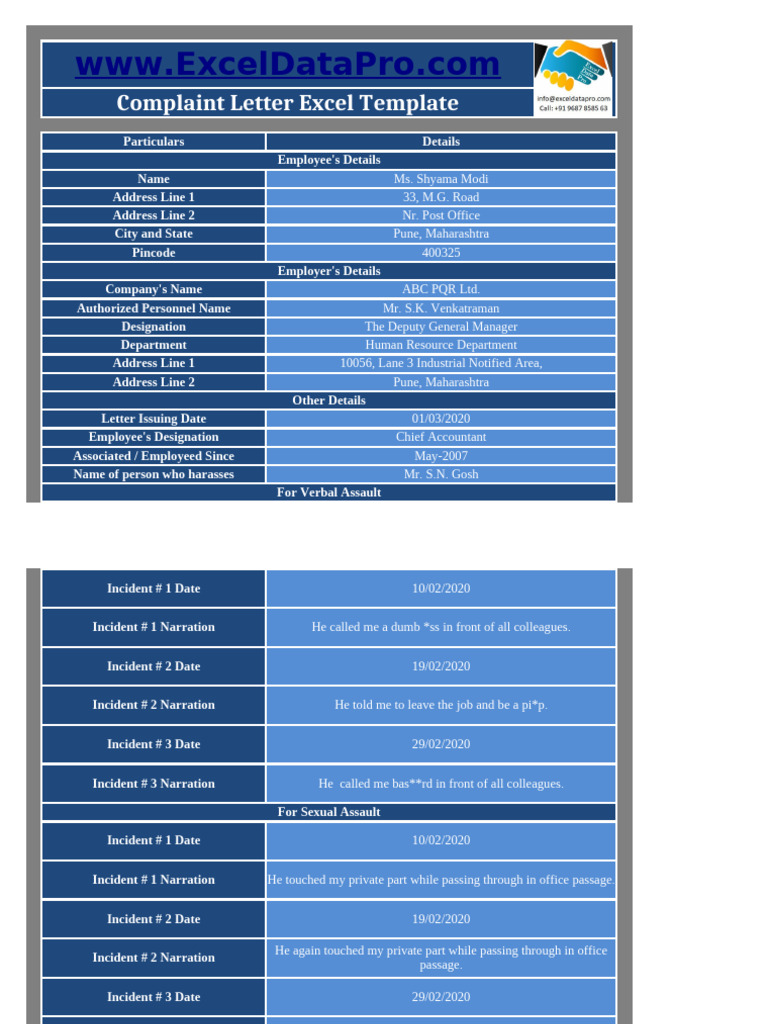 Workplace Harassment Complaint Letter Excel Template | PDF | Misconduct ...