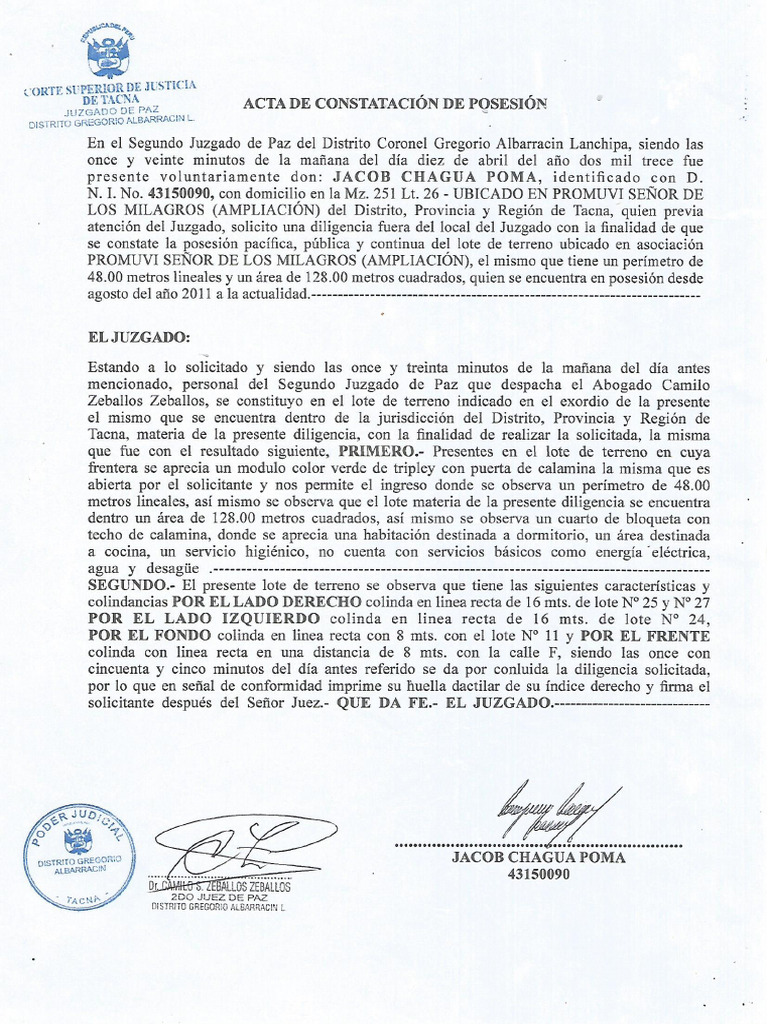 Constancia de Posesion de Jacob Chagua | PDF