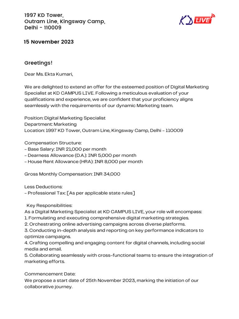 Ekta Kumari - Job Offer Letter | PDF | Digital Marketing | Business Economics