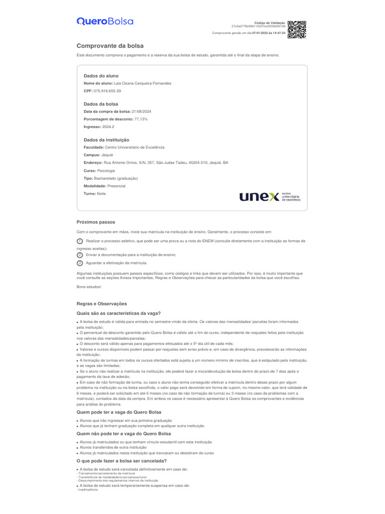 Comprovante Quero Bolsa Lais | PDF