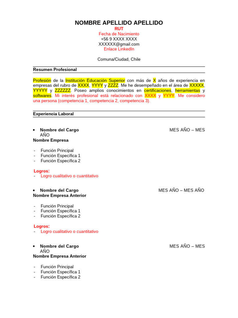 COMPLEMENTARIO Formato CV - Tecnico o Profesional (Con Experiencia) | PDF