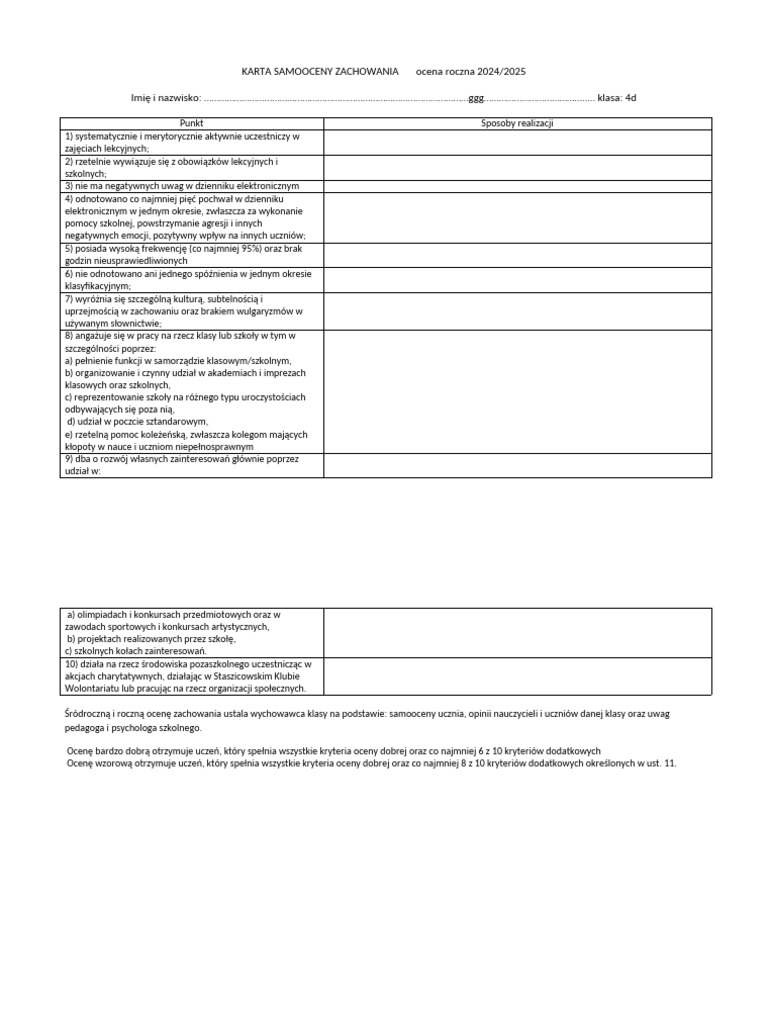 Karta Samooceny Zachowania Ocena Roczna 2024 2025 | PDF