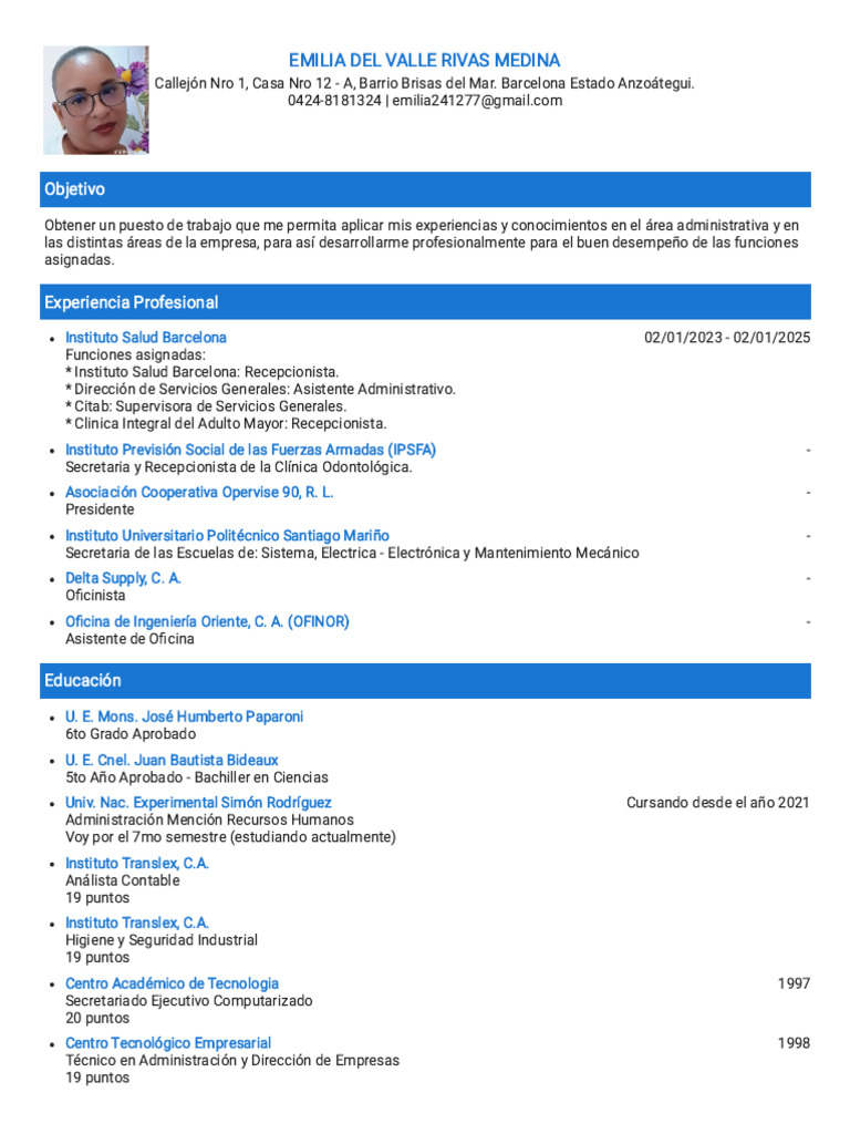 Perfil Profesional de Emilia Rivas | PDF