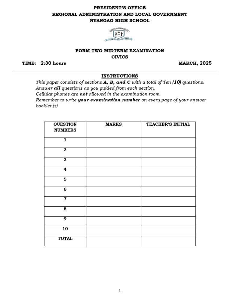 Form Two Civics Midterm Exam 2025 | PDF | Social Psychology | Learning