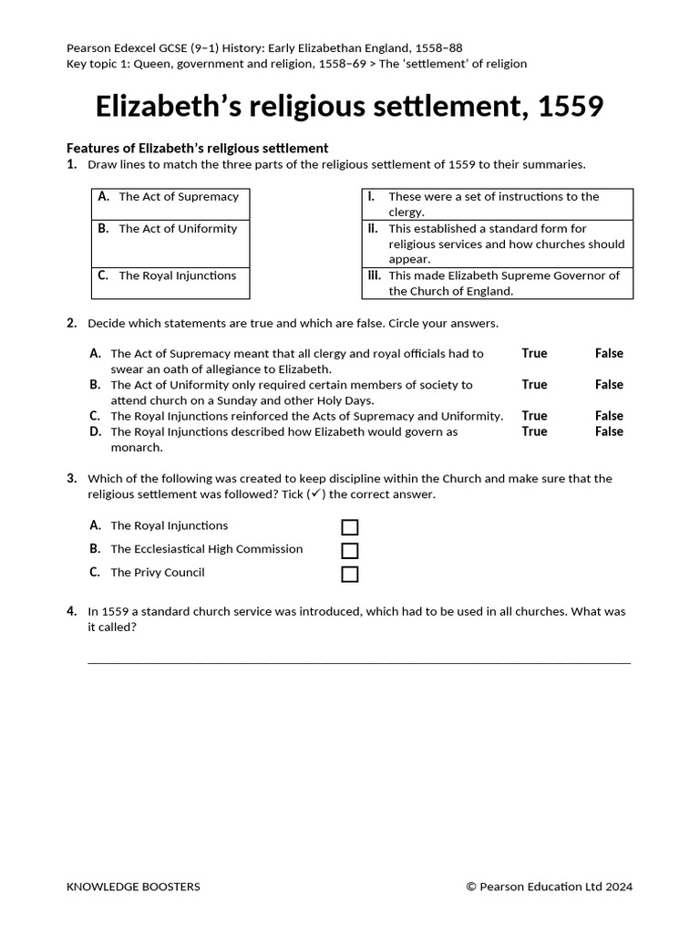 B4 1.2.1 Elizabeth's Religious Settlement, 1559 - 2026 | PDF ...