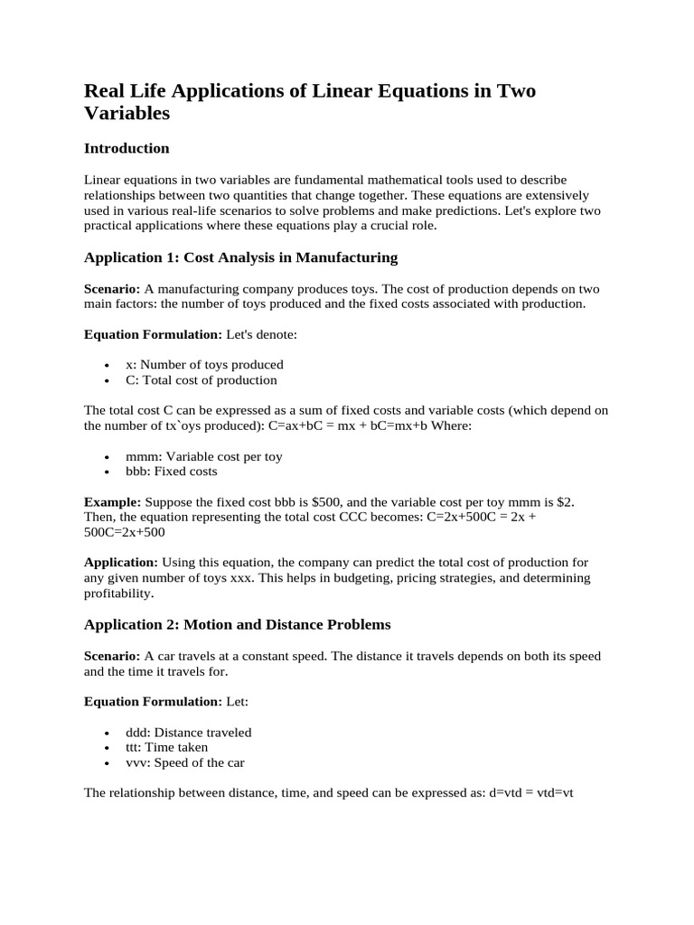 Maths - Real Life Applications of Linear Equation in 2 Variables | PDF ...