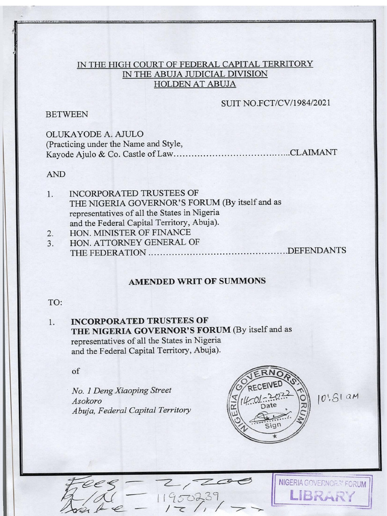 Olukayode Ajulo and NGF and Ors - Amended Writ of Summons | PDF