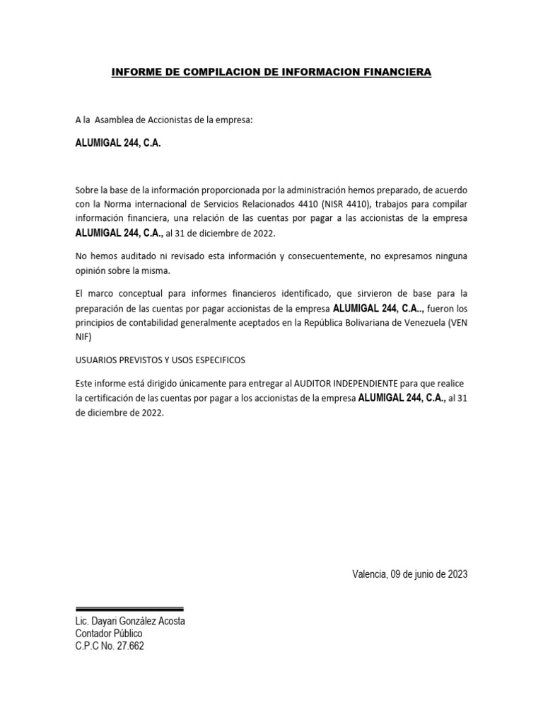 INFORME de COMPILACION de INFORMACION FINANCIERA Preparacion Del ...
