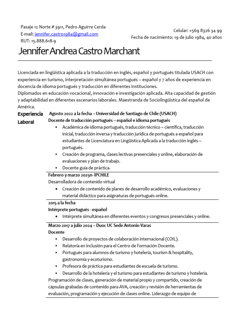 CV Jennifer Castro_2025 (1) | PDF | Turismo | Chile