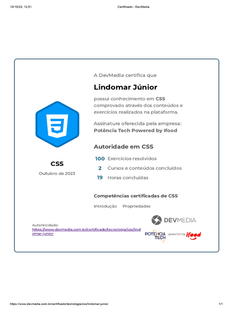 Certificado de CSS - Lindomar Júnior | PDF