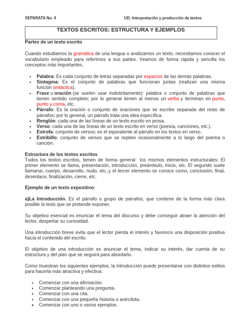 Estructura y partes de un texto escrito | PDF | Oración (Lingüística ...