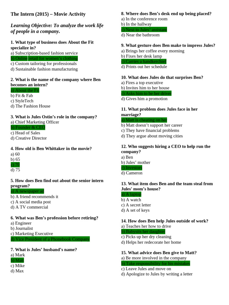 The Intern Movie Activity | PDF
