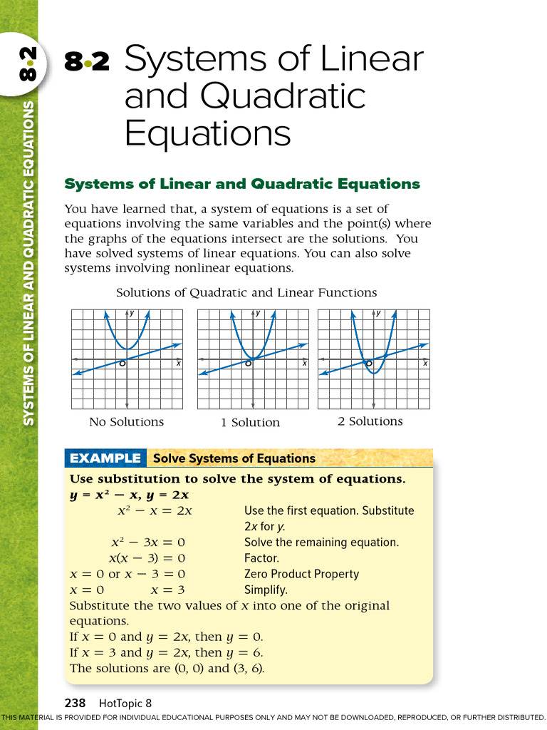 Quick Review Math Handbook (Teacher Edition) - Systems of Linear and Quadratic Equations | PDF ...