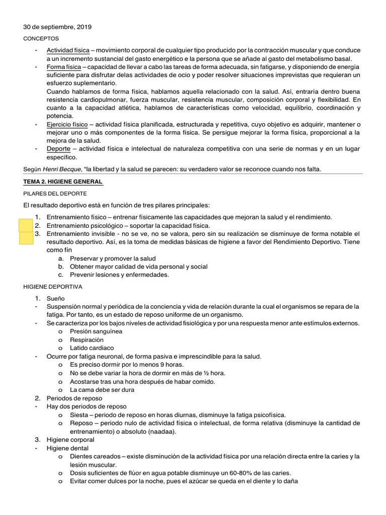 Conceptos Clave de Higiene y Deporte | PDF