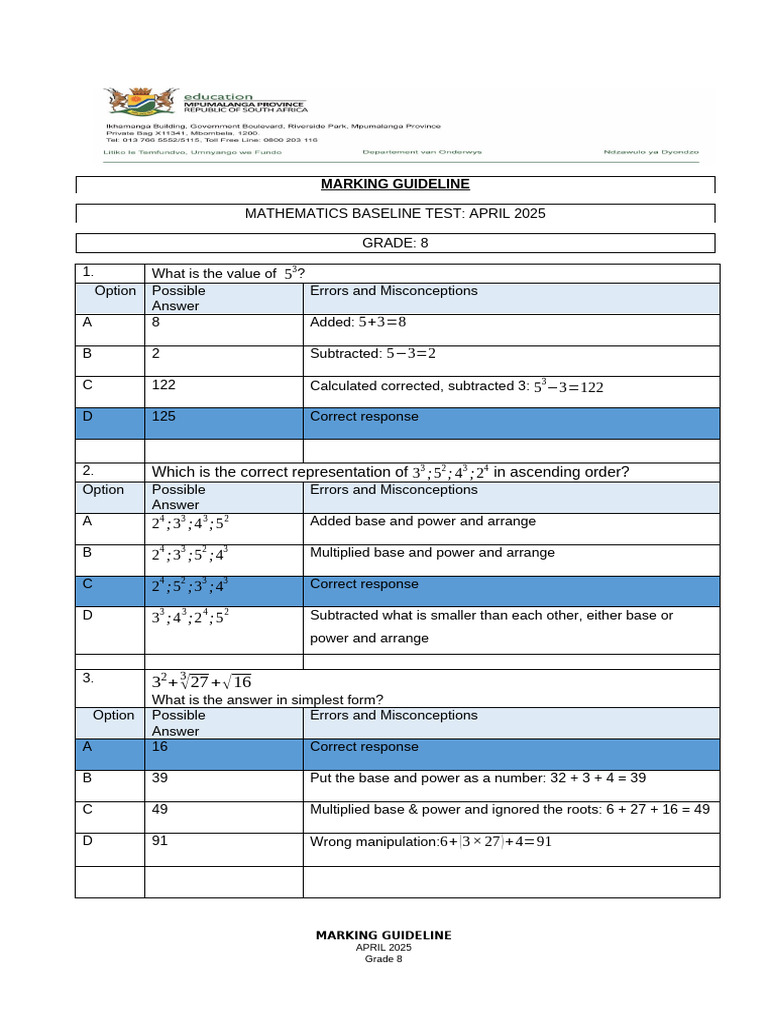 Edited Grade 8 BASELINE TERM 2 2025 MARKING GUIDELINE | PDF ...