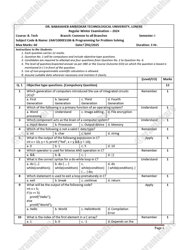 Semester - 1-PROGRAMMING FOR PROBLEM SOLVING 24AF1000ES106 | PDF | Input/Output | Computer Hardware