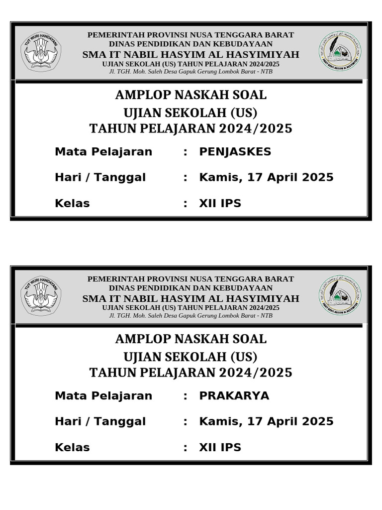 Amplop Naskah Soal Ujian Sekolah 2025 | PDF