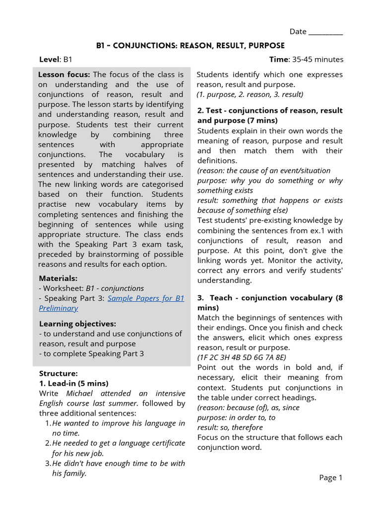 b1 Linking Words Reason Result Purpose Lesson Plan | PDF | Sentence ...