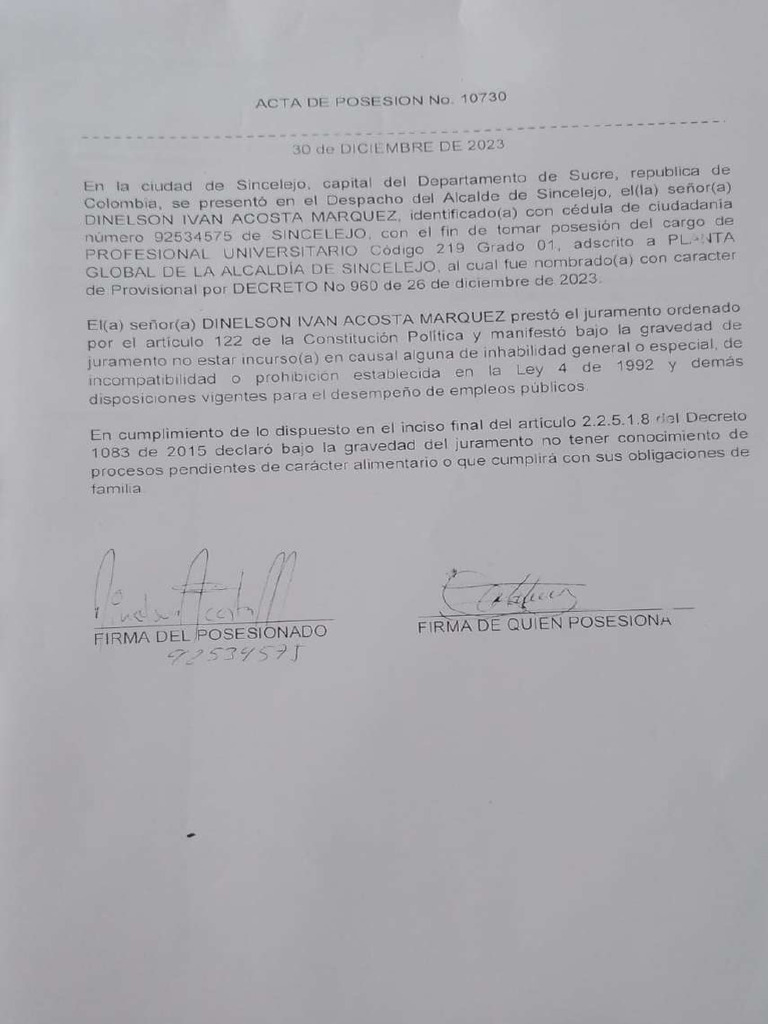 ACTA DE POSESION No. 10730 de 2023 | PDF