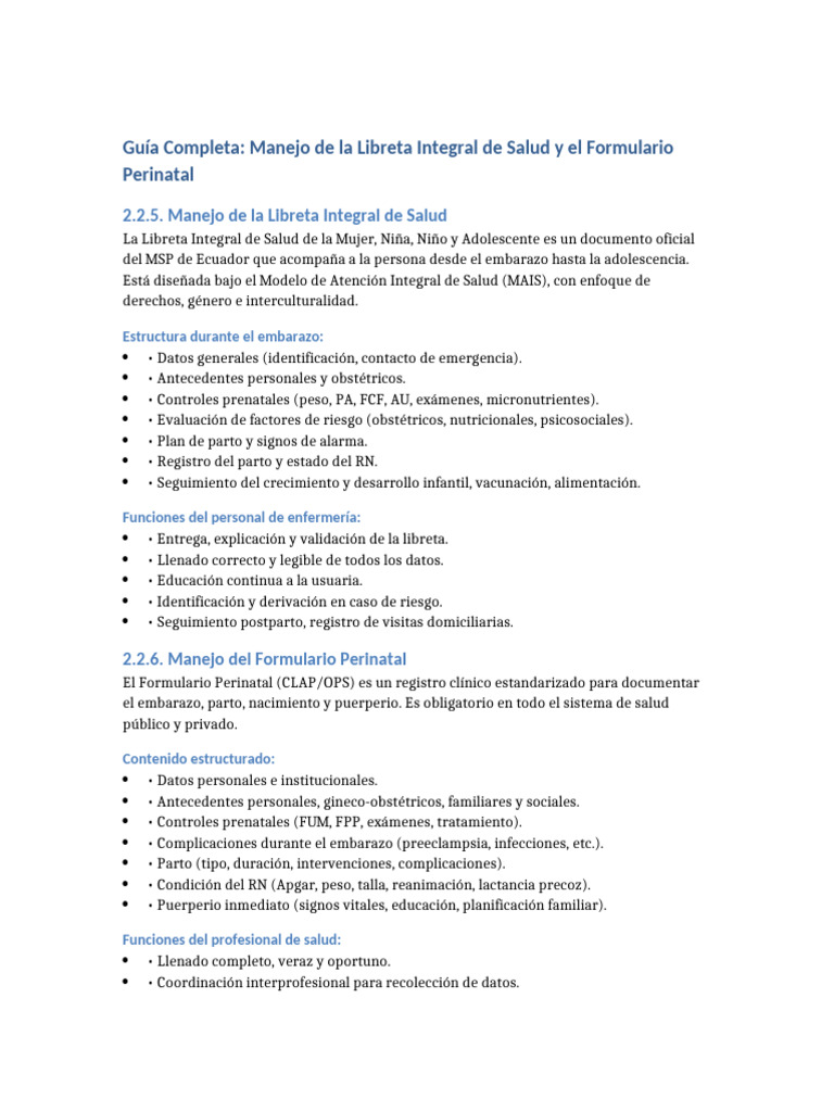 Guía Libreta Salud Formulario Perinatal | PDF