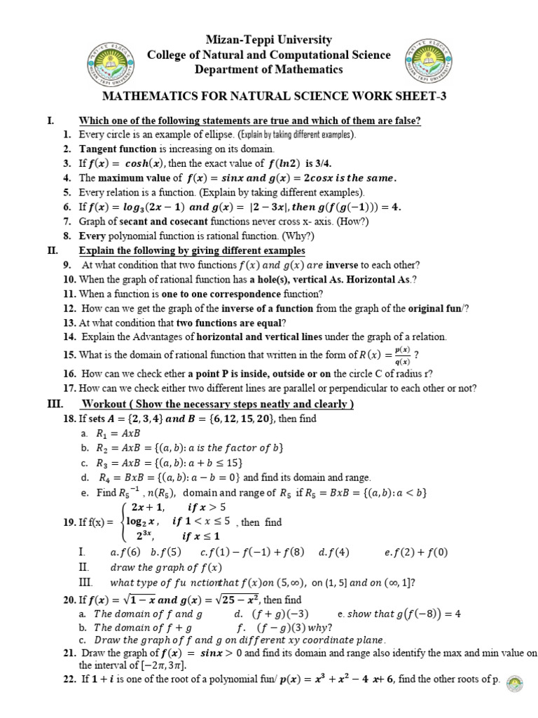 Mathematics Worksheet for Natural Science | PDF | Function (Mathematics ...