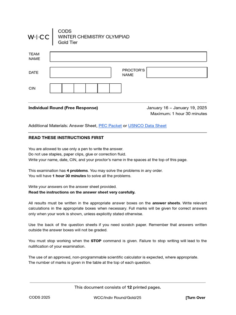 (WCC'25) Gold Tier Individual Round Question Paper | PDF | Nitric Acid ...