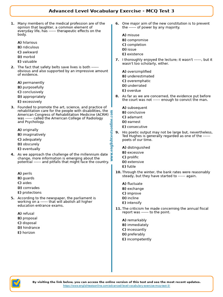 Advanced Vocabulary MCQ Test 3 | PDF