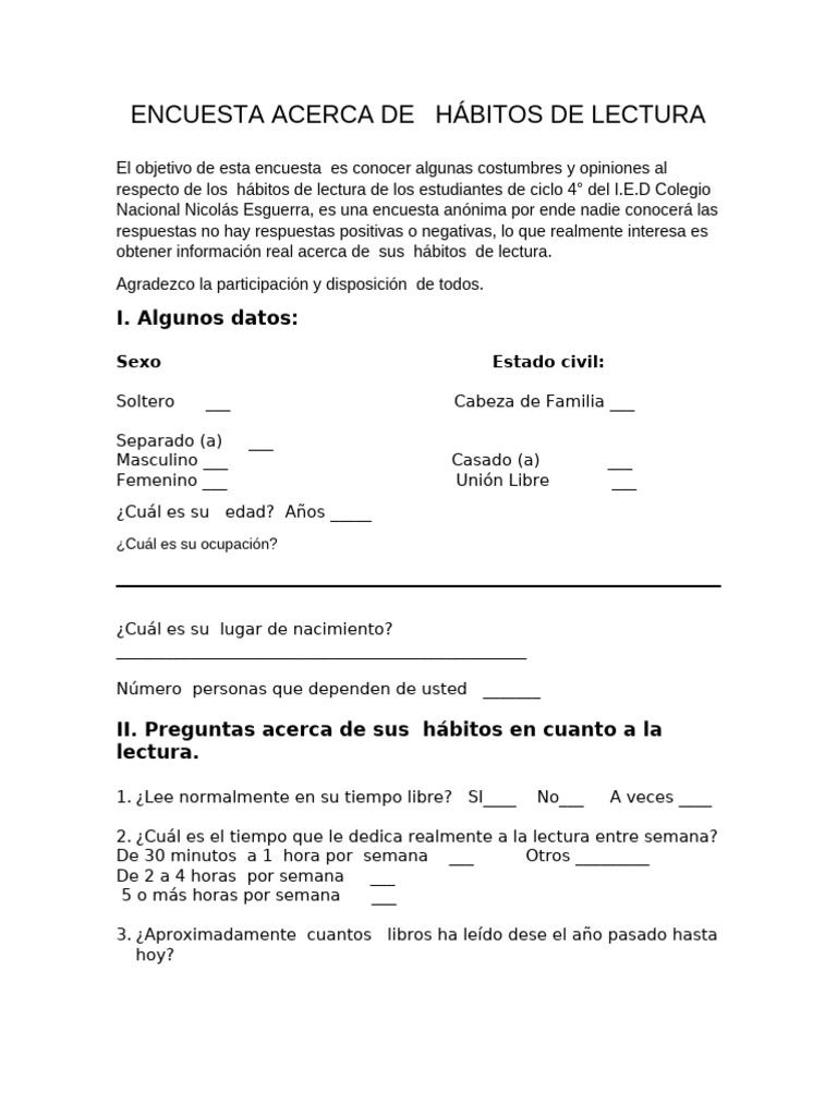 ENCUESTA ACERCA DE HÁBITOS DE LECTURA | PDF