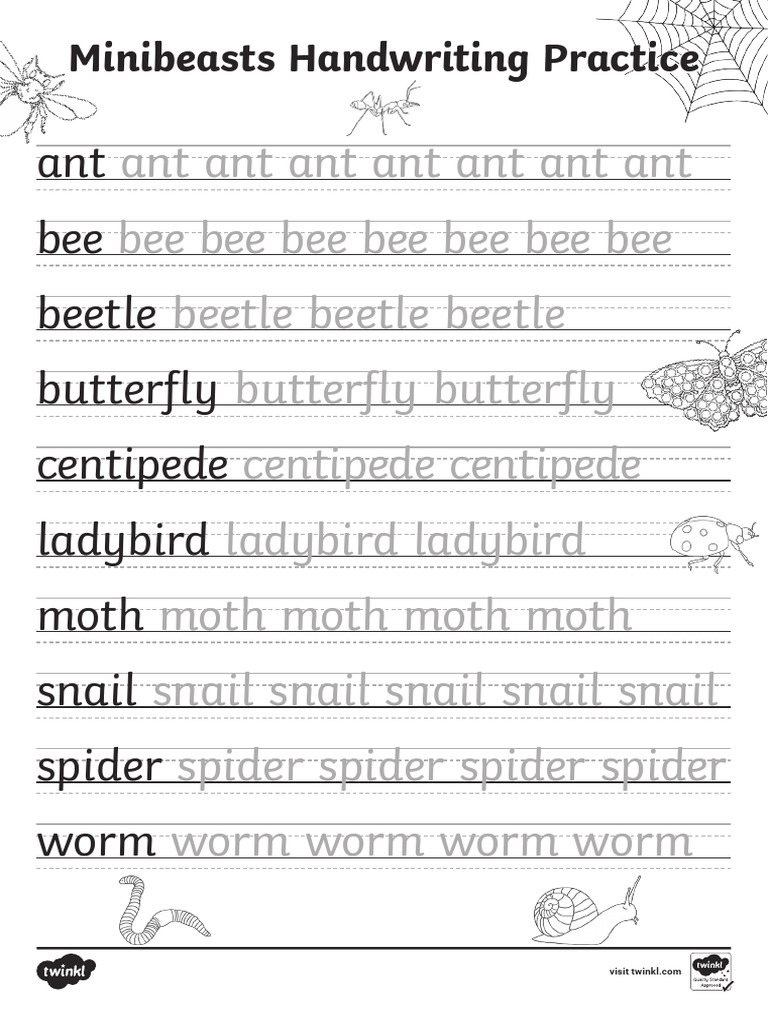 T TP 1656925153 Minibeasts Handwriting Practice Sheet - Ver - 1 | PDF