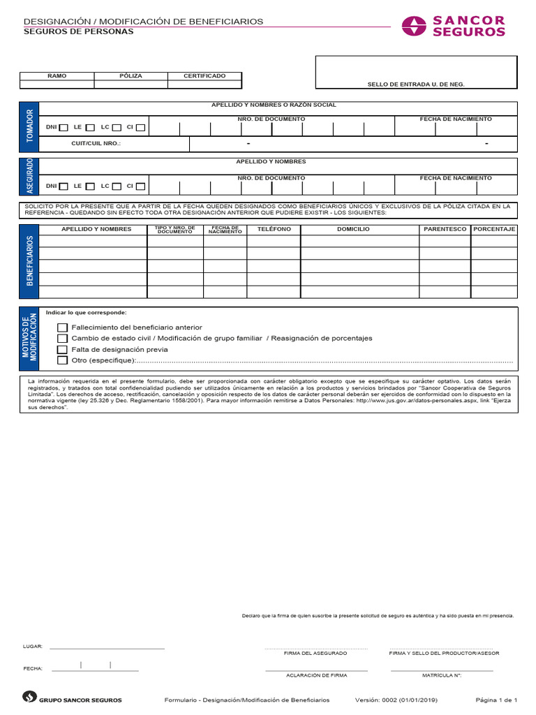 Designación - Modificación de Beneficiarios | PDF | Seguro | Póliza de seguros