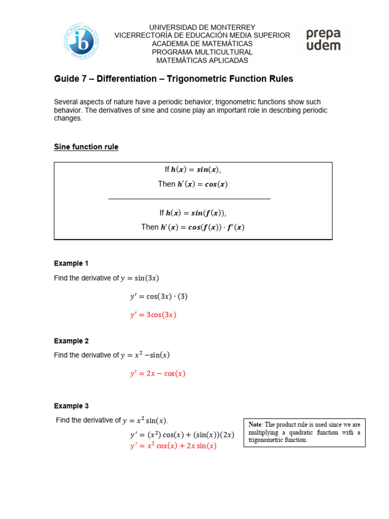 7_Differentiation - Trigonometric Function Rules_MC_Guide and Lab_PR25-1 | PDF | Trigonometric ...