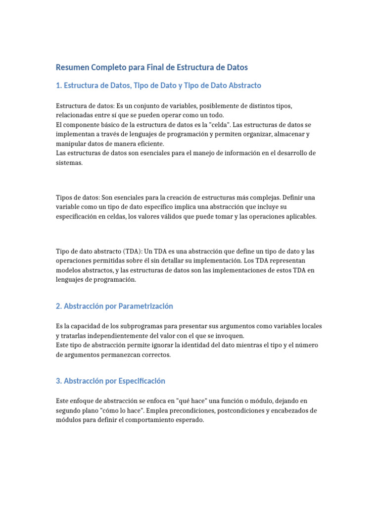 Estructuras de Datos: Conceptos Clave y Eficiencia | PDF | Datos | Tipo ...