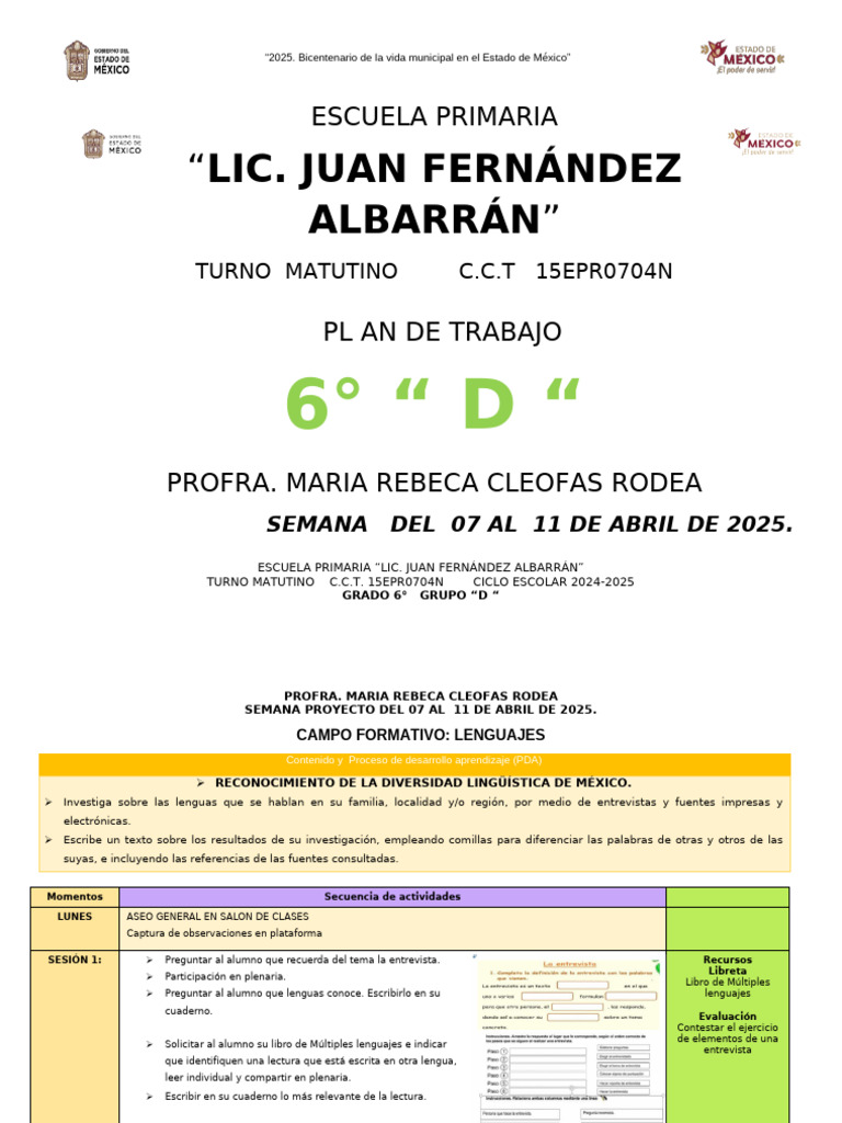 Plan de Trabajo 6° Grado 2025 | PDF | Lingüística