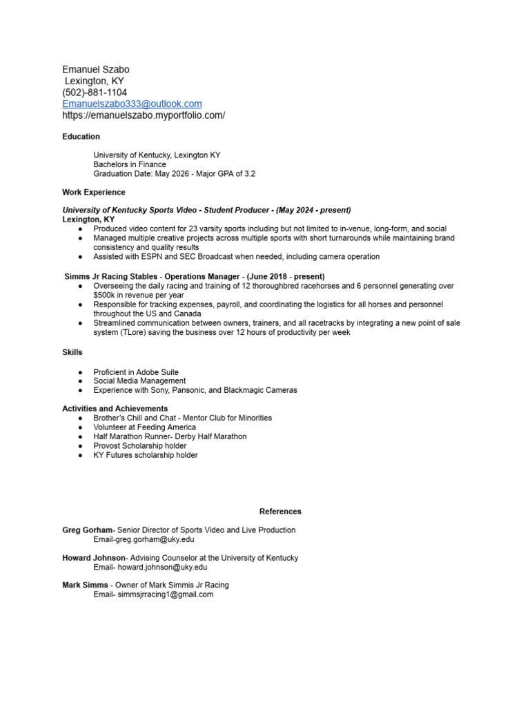 Cinematographer Resume of Emanuel Szabo | PDF