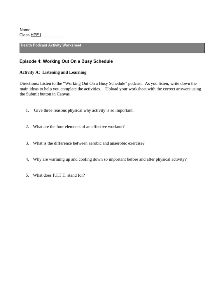 Health Podcast Worksheet: Busy Workouts | PDF