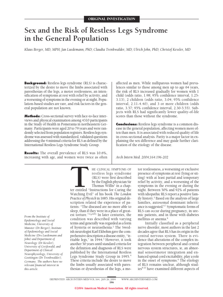 Sex And The Risk Of Rls In General Population Pdf Body Mass Index