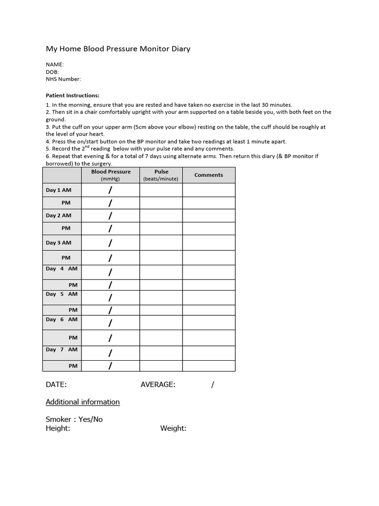 Home Blood Pressure Monitor Diary | PDF