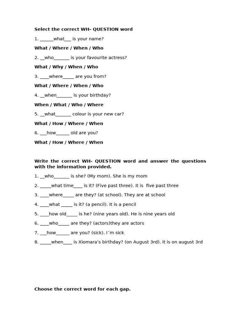 WH Questions Practice Exercises | PDF