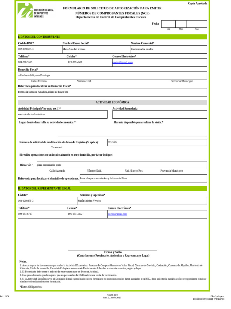 1.4 FI-GCF-009-Formulario Solicitud de Autorización para Emitir NCF | PDF
