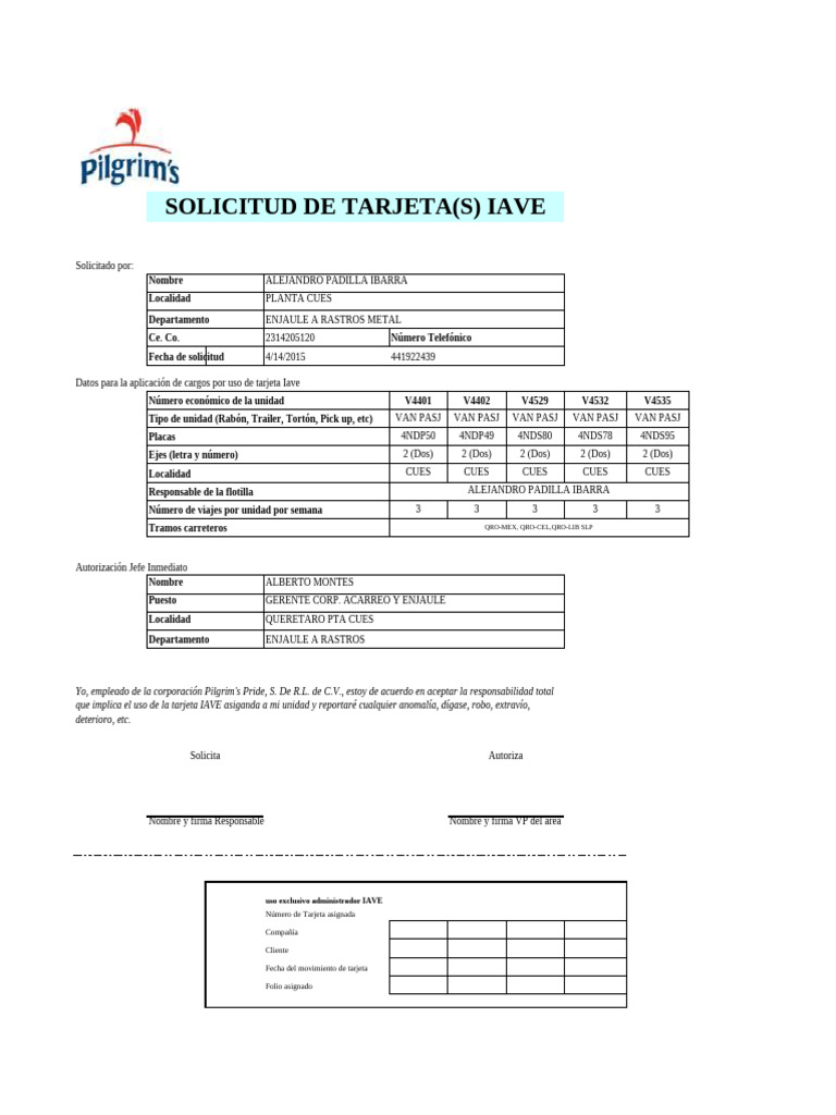 Formato de Solicitud de Tarjeta IAVE | PDF