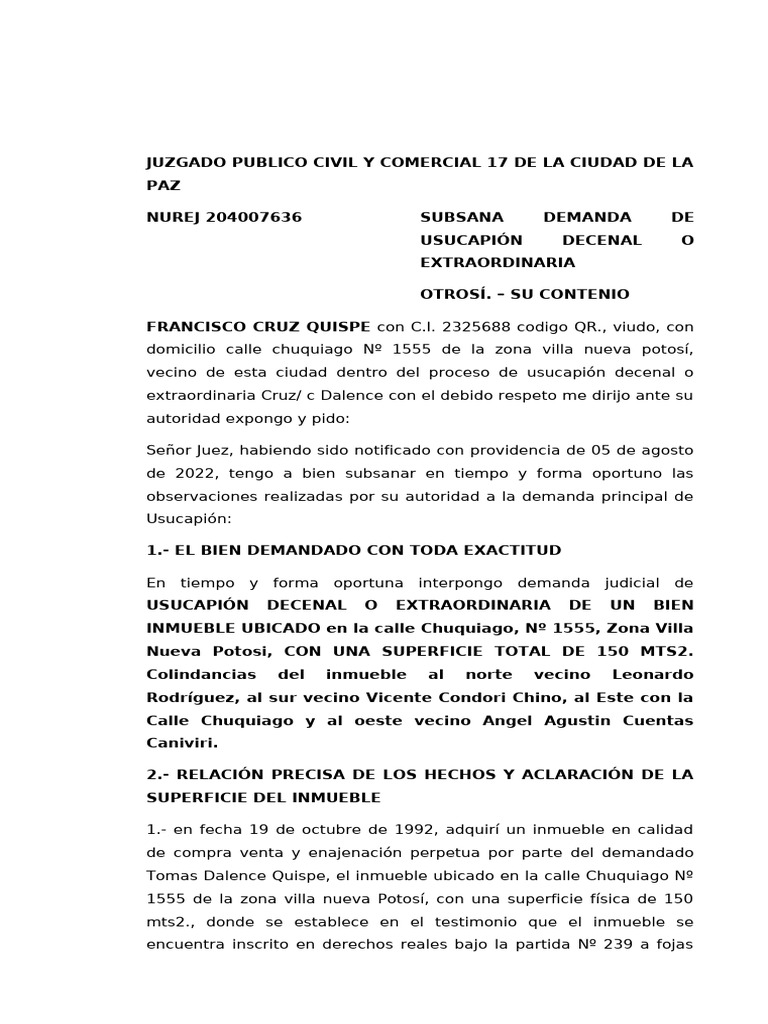 Subsana Demanda Usucapion Dalence Cruz | PDF | Posesión adversa | Ley común