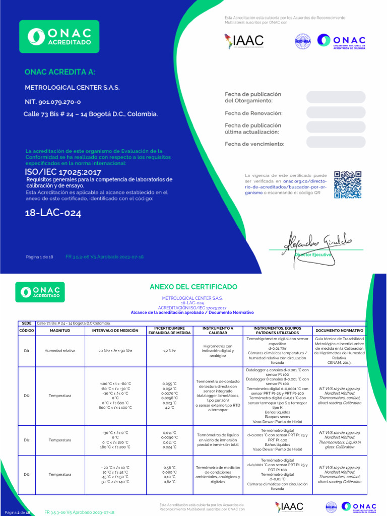 Certificacion Onac | PDF | Calibración | Metrología