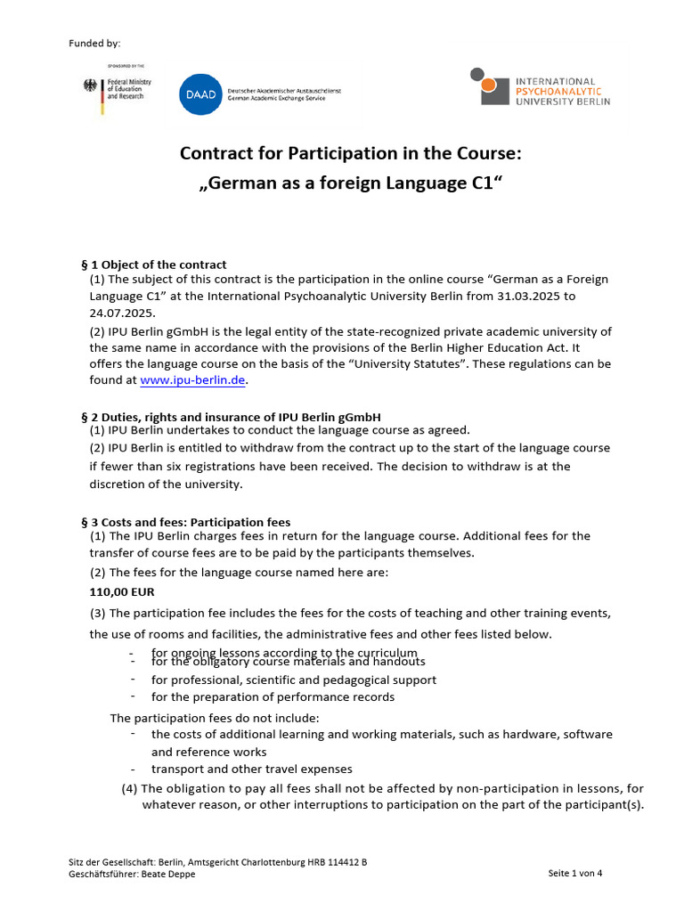 German Language Course C1 Contract | PDF | Legal Liability | Business Law