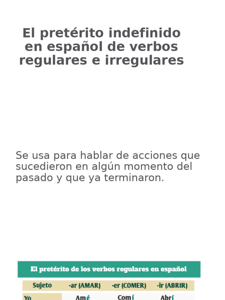 El Pretérito Indefinido en Español de Verbos Regulares e Irregulares ...